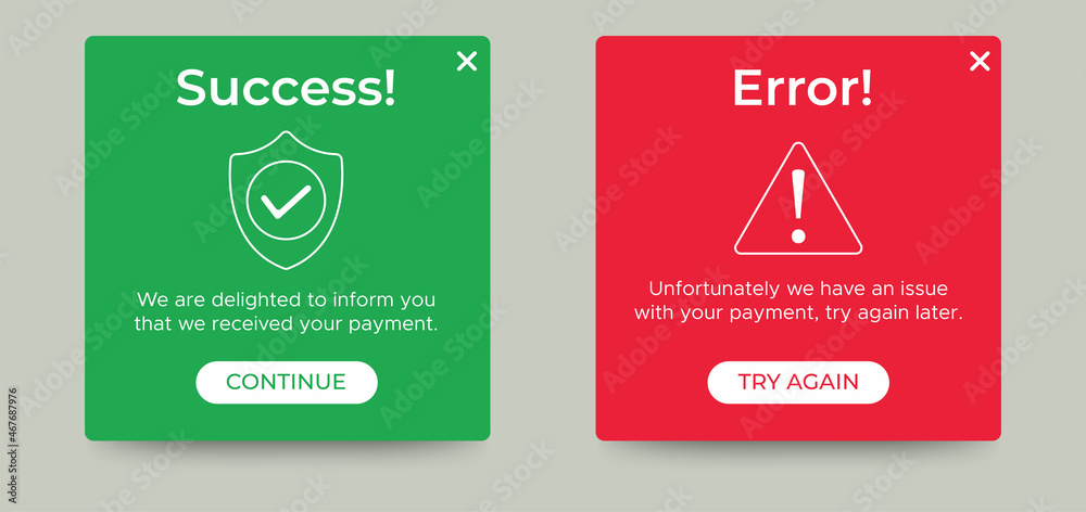 Payment message popup window ui design with button for mobile and web ...
