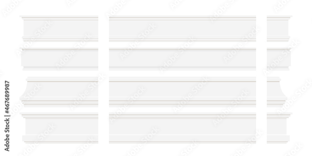 Set of white plastic or wood baseboards elements isolated on white ...