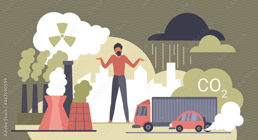 Air pollution environmental problem vector illustration. Cartoon man in ...