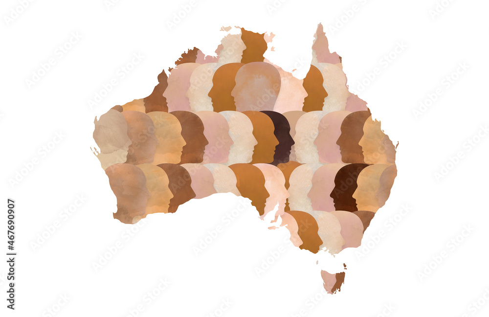 Map of Australia with multicultural and diverse faces with different ...