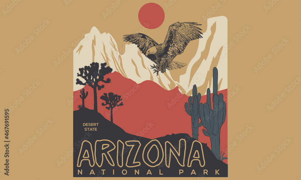 Arizona with eagle vintage graphic print t shirt design. Cactus artwork ...