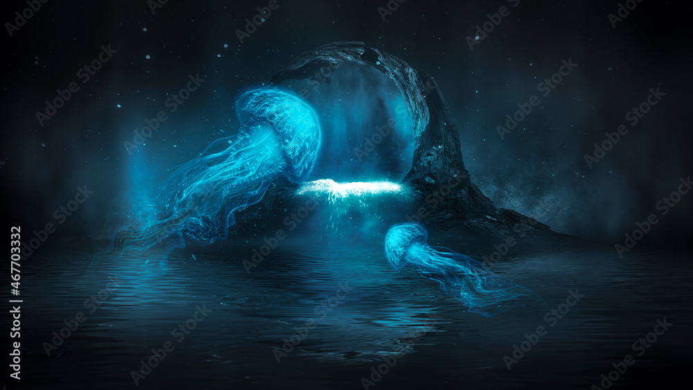 Underwater fantasy world. The dark bottom of the ocean, the abyss ...
