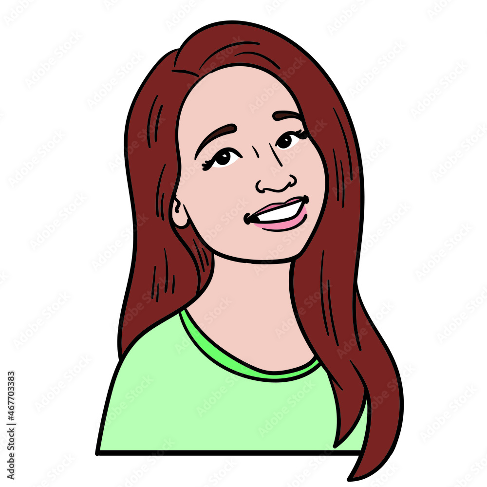 laughing woman with long brown hair and green top. head, comic ...