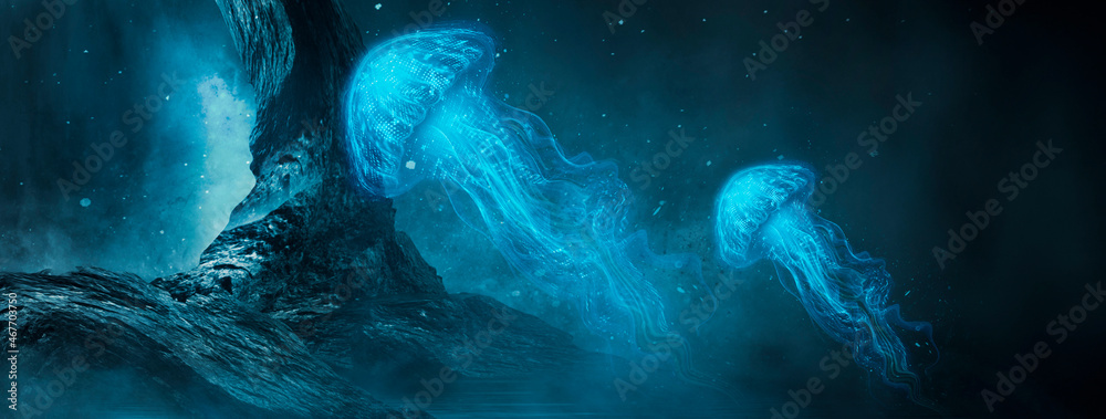 Underwater fantasy world. The dark bottom of the ocean, the abyss ...