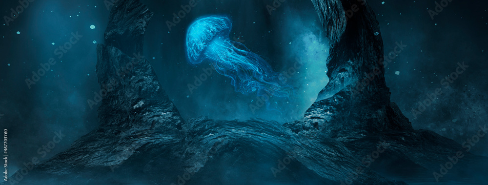 Underwater fantasy world. The dark bottom of the ocean, the abyss ...