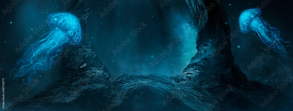 Underwater fantasy world. The dark bottom of the ocean, the abyss ...