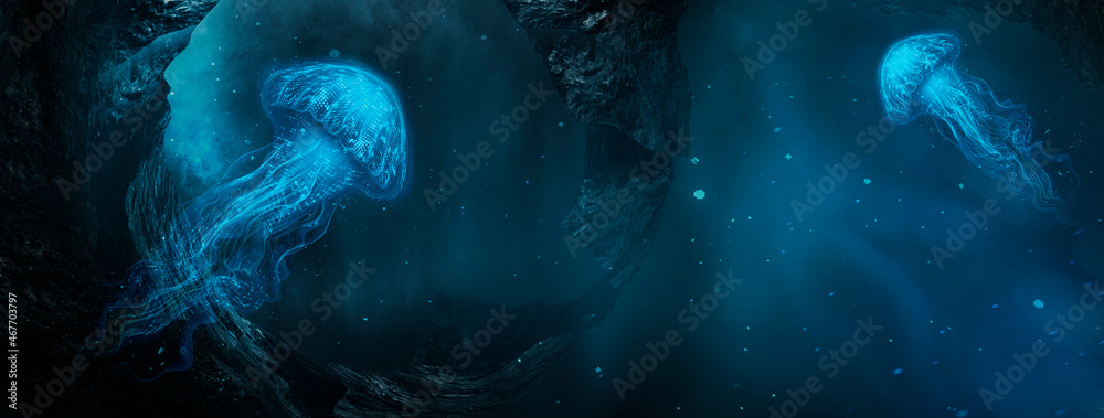 Underwater fantasy world. The dark bottom of the ocean, the abyss ...