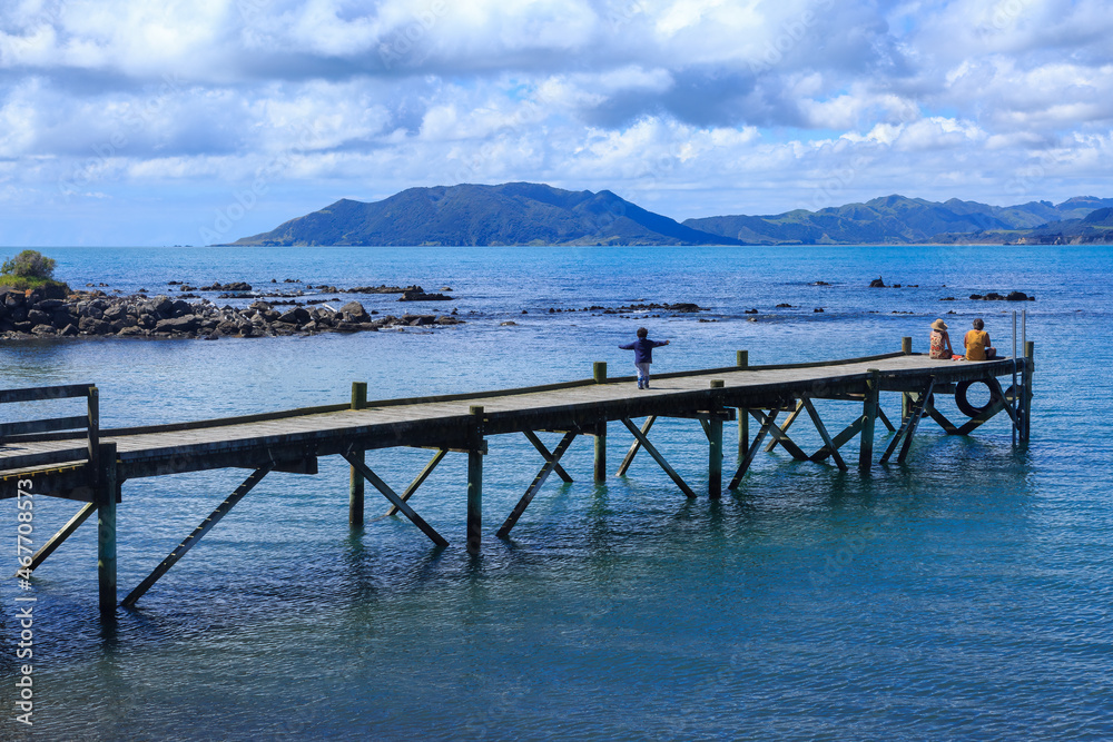 Pier at Waihau Bay, New Zealand, with a view of Cape Runaway, the ...