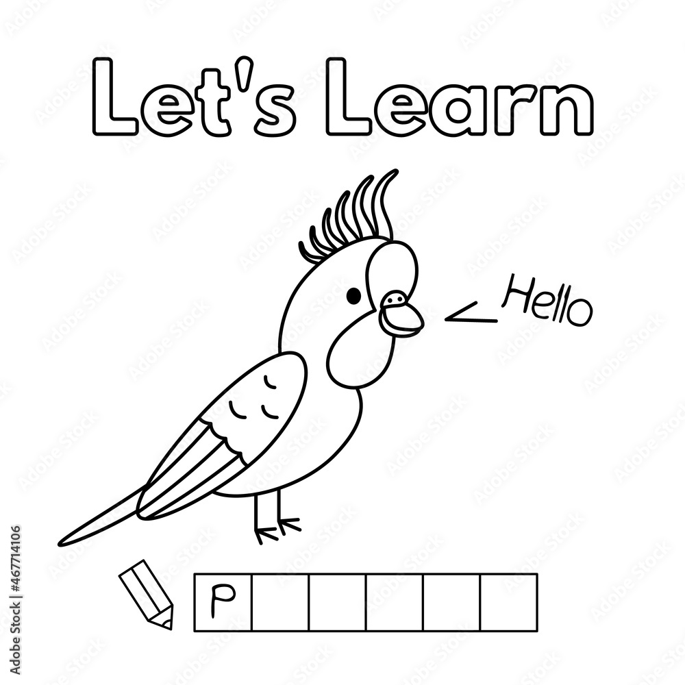Cartoon parrot learning game for small children - color and write the ...