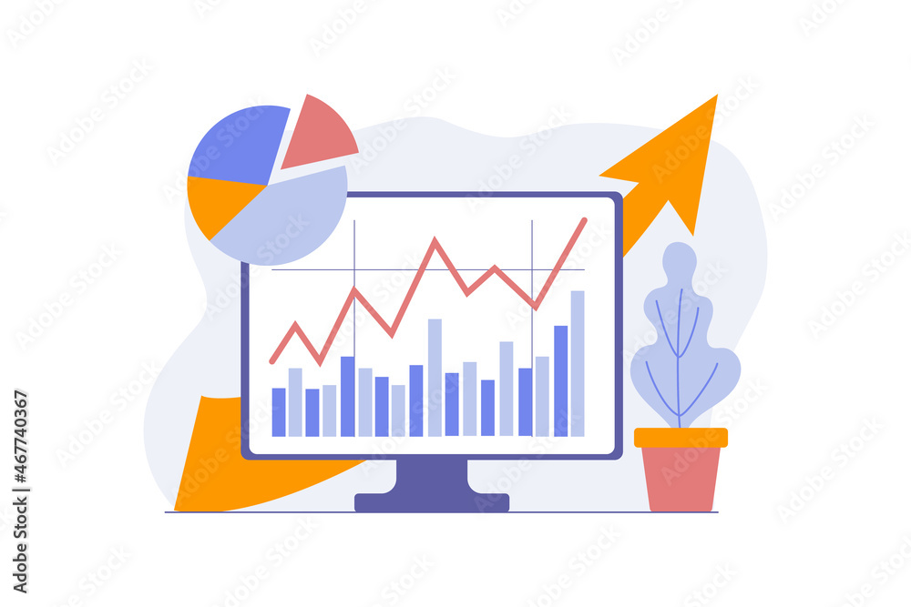 Computer monitor with charts return on investment, of growth and fall ...