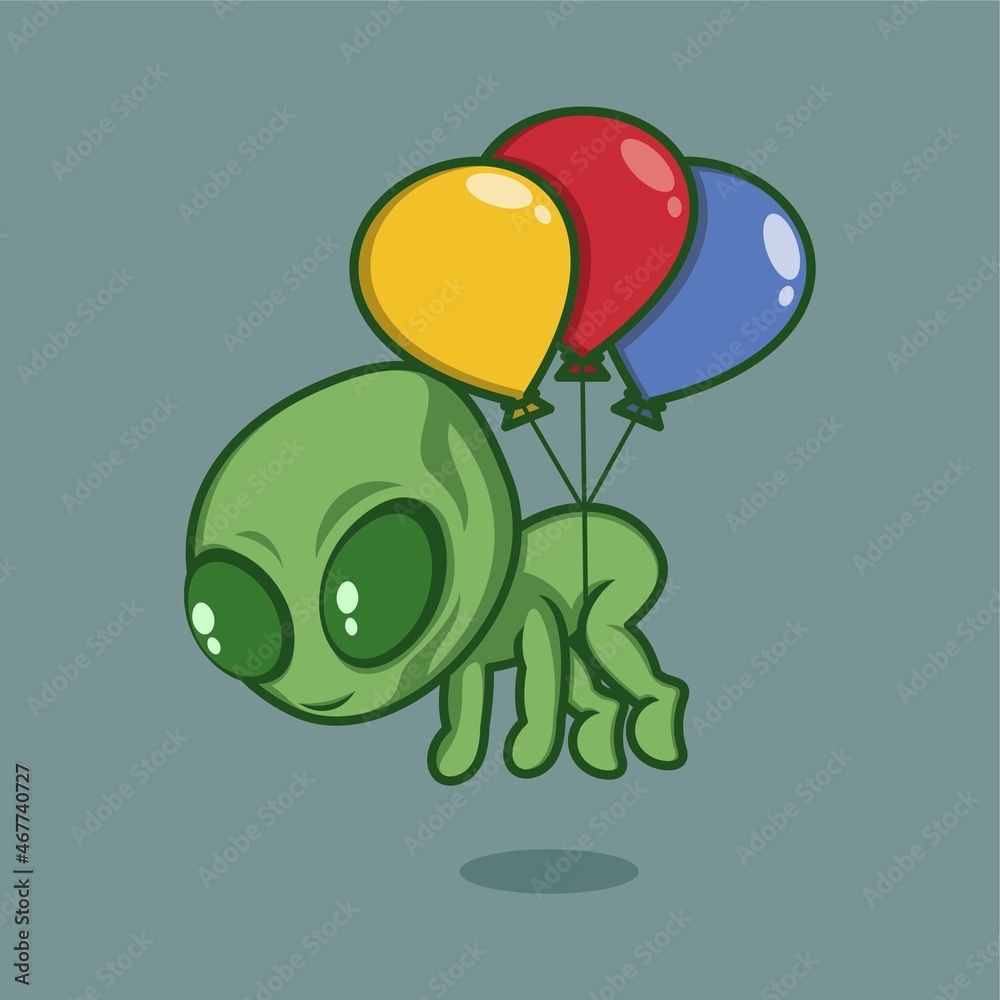 cute cartoon alien floating on balloon power. vector illustration for ...