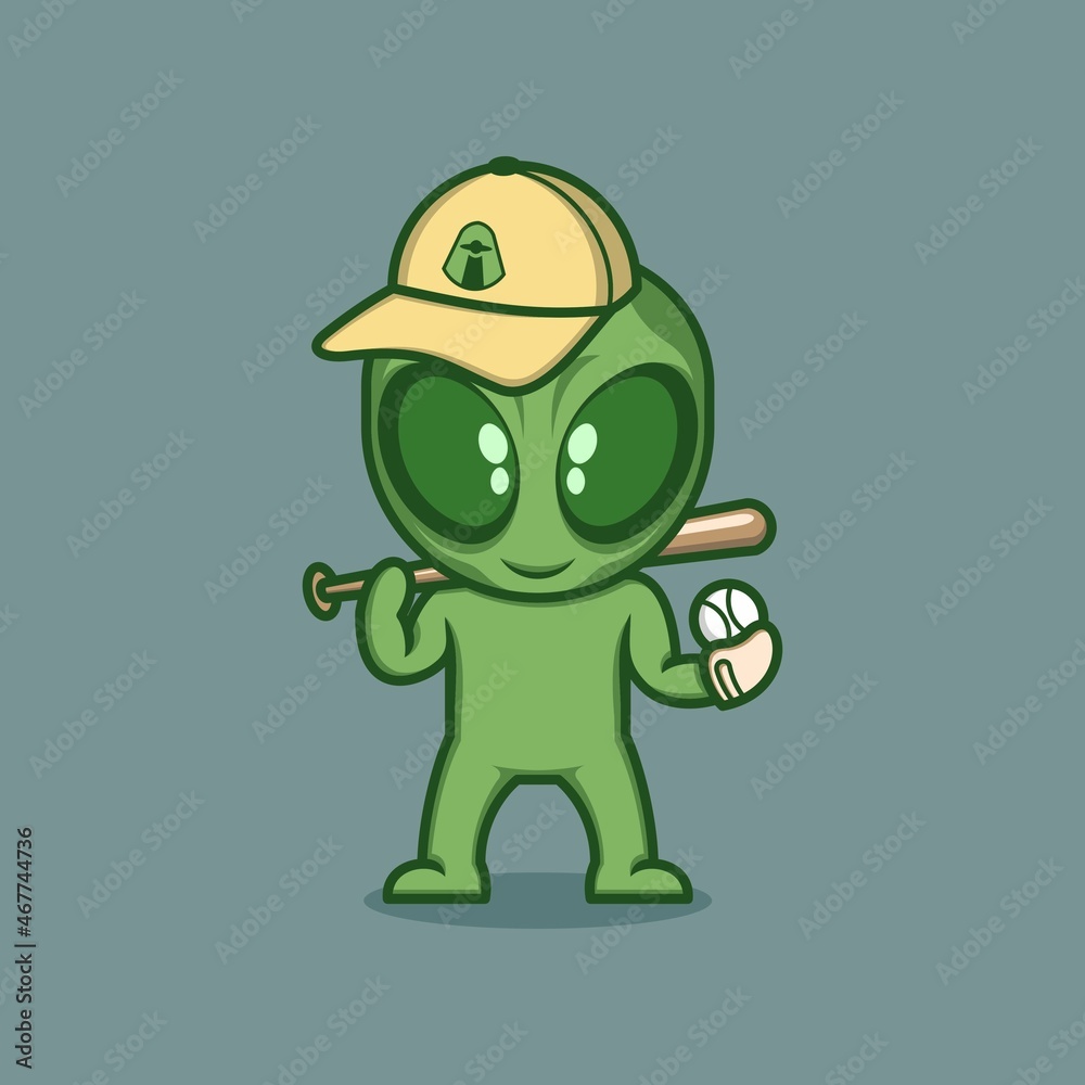 cute cartoon alien being a baseball player. vector illustration for ...