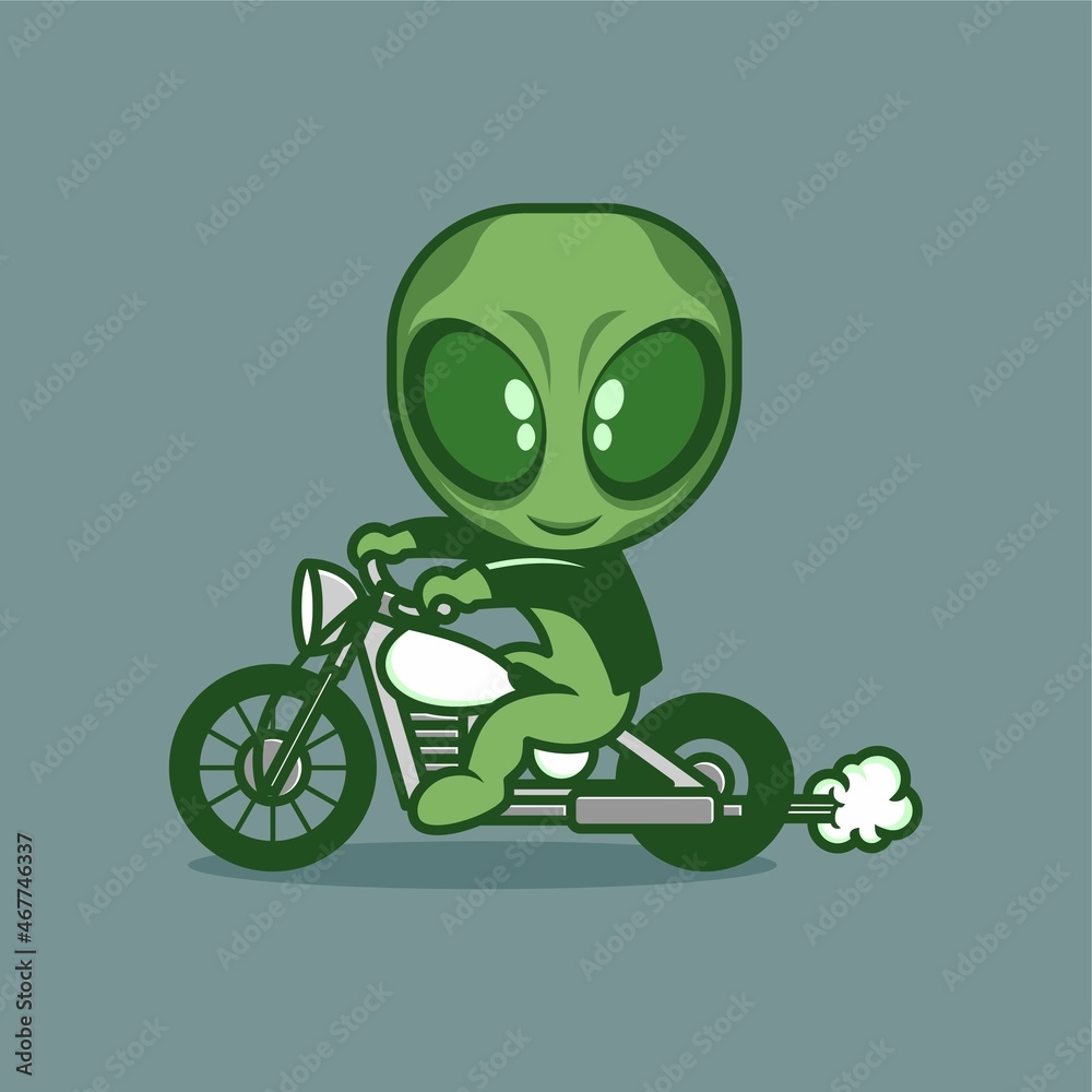 cute cartoon alien riding a motorbike. vector illustration for mascot ...
