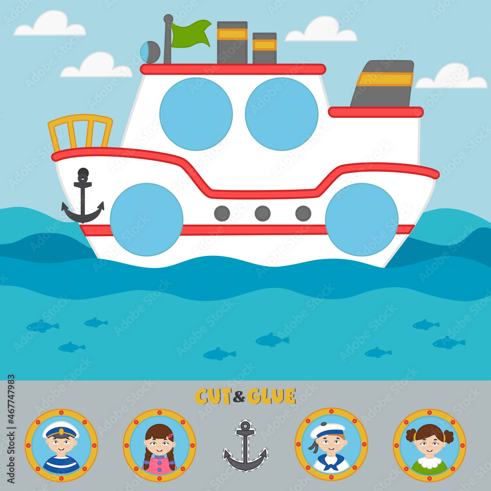 A game for children. Cut and paste the ship's passengers. Kids vector ...
