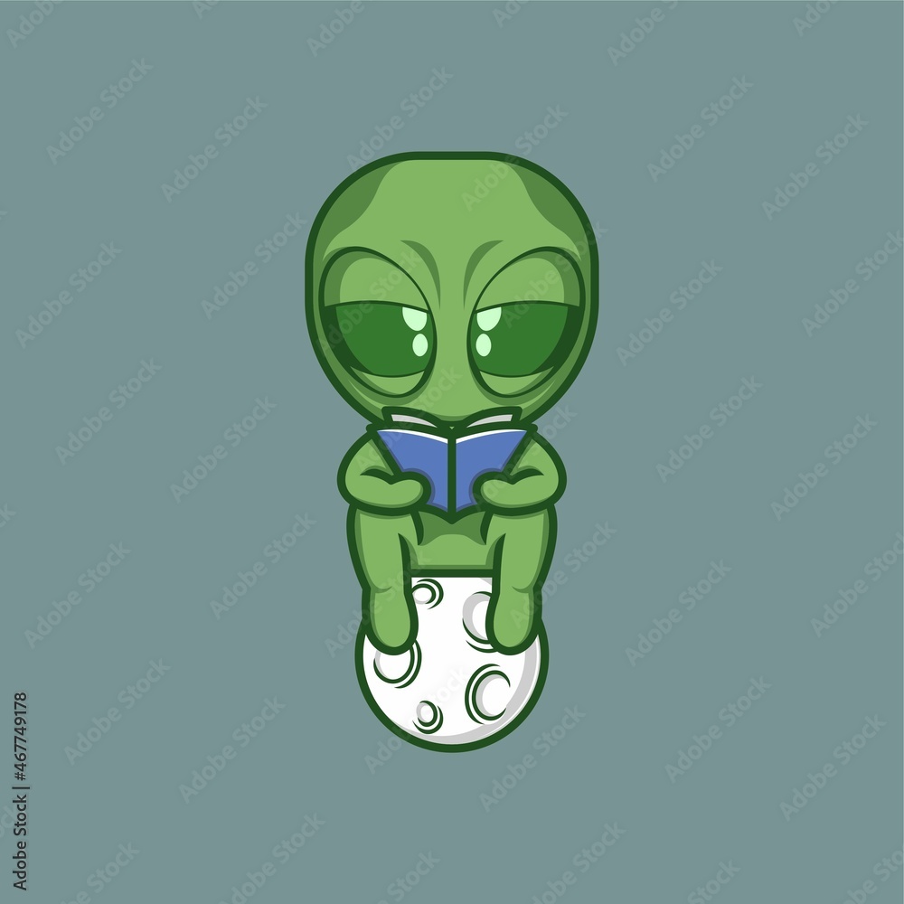 cute cartoon alien reading a book. vector illustration for mascot logo ...