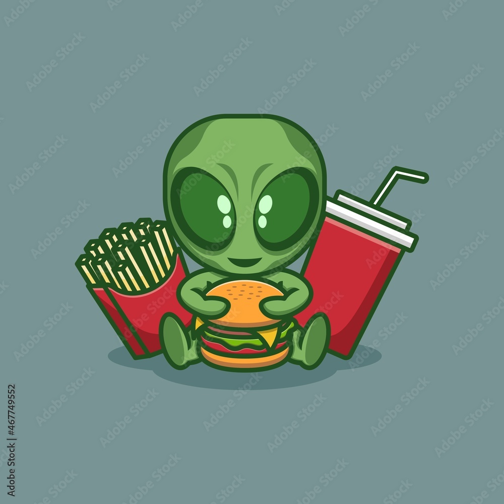 cute cartoon alien with burger,fries and soft drink. vector ...