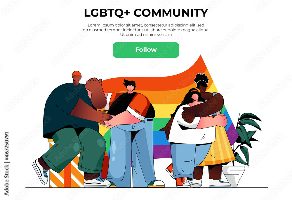 LGBTQ community web banner concept. Happy hugging multiracial gay and ...