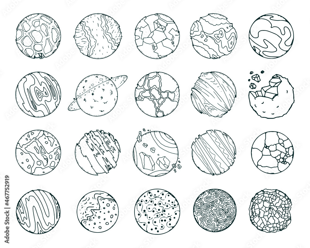 Collection of monochrome illustrations of planets in sketch style. Hand ...