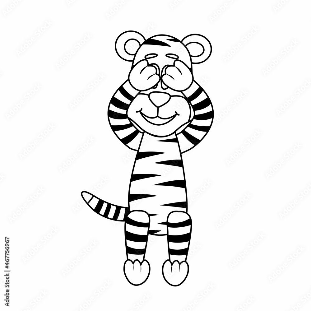 Cute tiger. Coloring page for kids. Tiger cub closes eyes, hiding ...