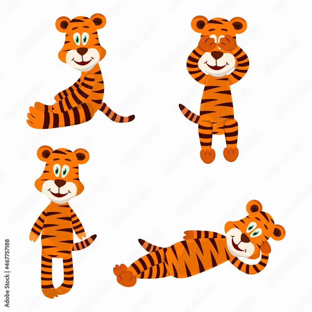 Set of chinese tiger. Cute cartoon tigers in different poses. Flat ...