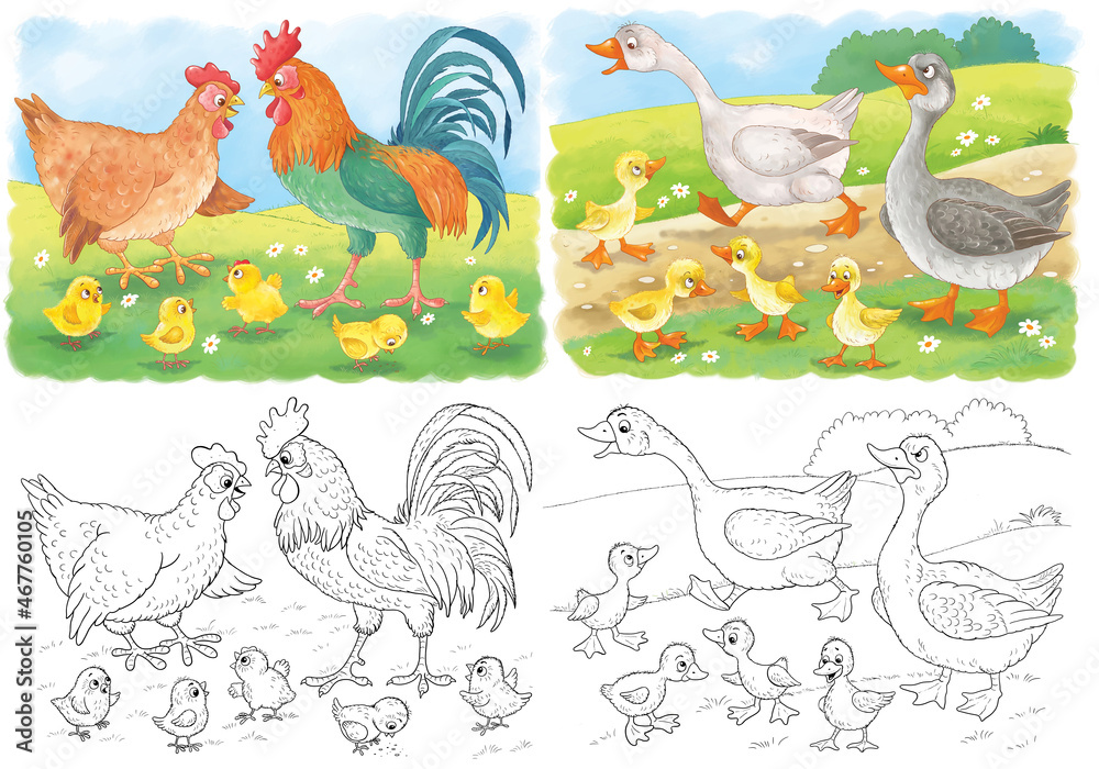 At the farm. Set of cute farm animals. Coloring book. Coloring page ...