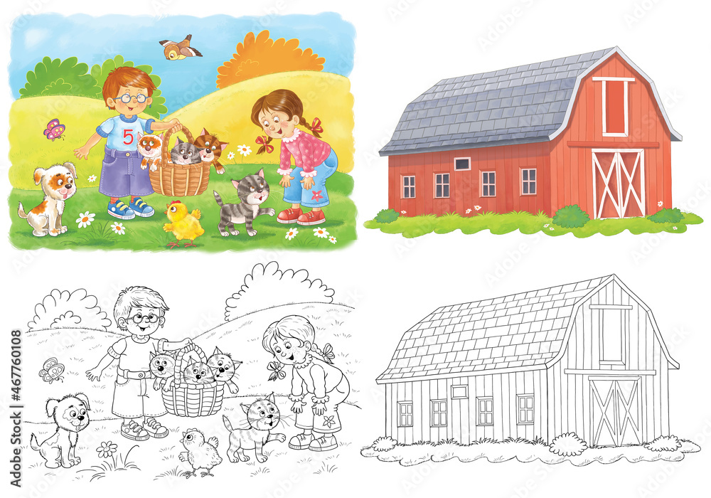 At the farm. Set of cute farm animals. Coloring book. Coloring page ...
