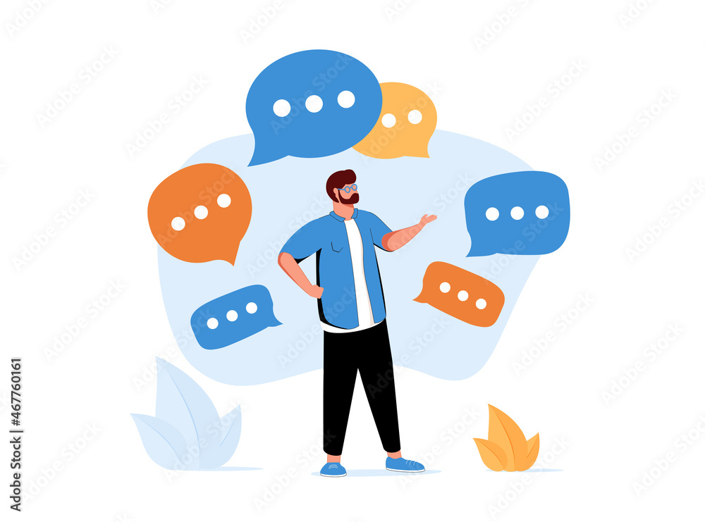 Person surrounded by speech bubbles. Concept of verbal communication ...