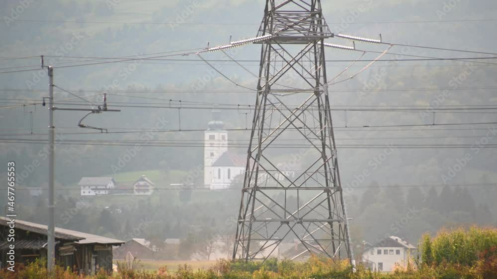 Close up view of high voltage electric tower. Transmission power line ...
