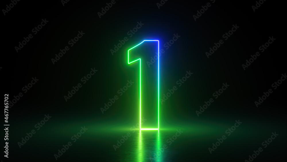 3d render, number one glowing in the dark with green blue neon light ...