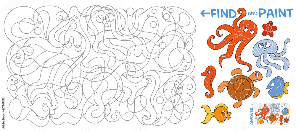 Find and paint. Children puzzle. Kids coloring book. Marine life ...