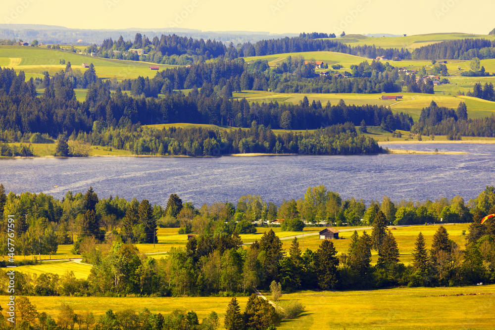 Rolling landscape with river. Spectacular nature of Germany . Schwangau ...