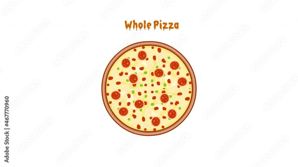 Fraction pizzas cut animation. Whole, one half, semi, halves, quarter ...
