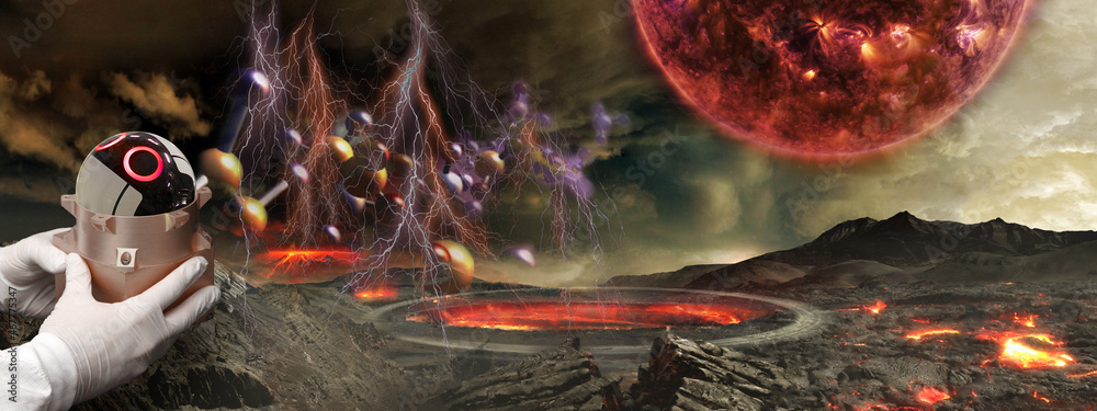 Sowing the molecules of life on alien planet. Sci-fi collage with alien ...