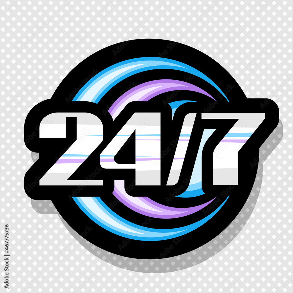 Vector logo 24/7, black isolated signage with illustration colorful ...