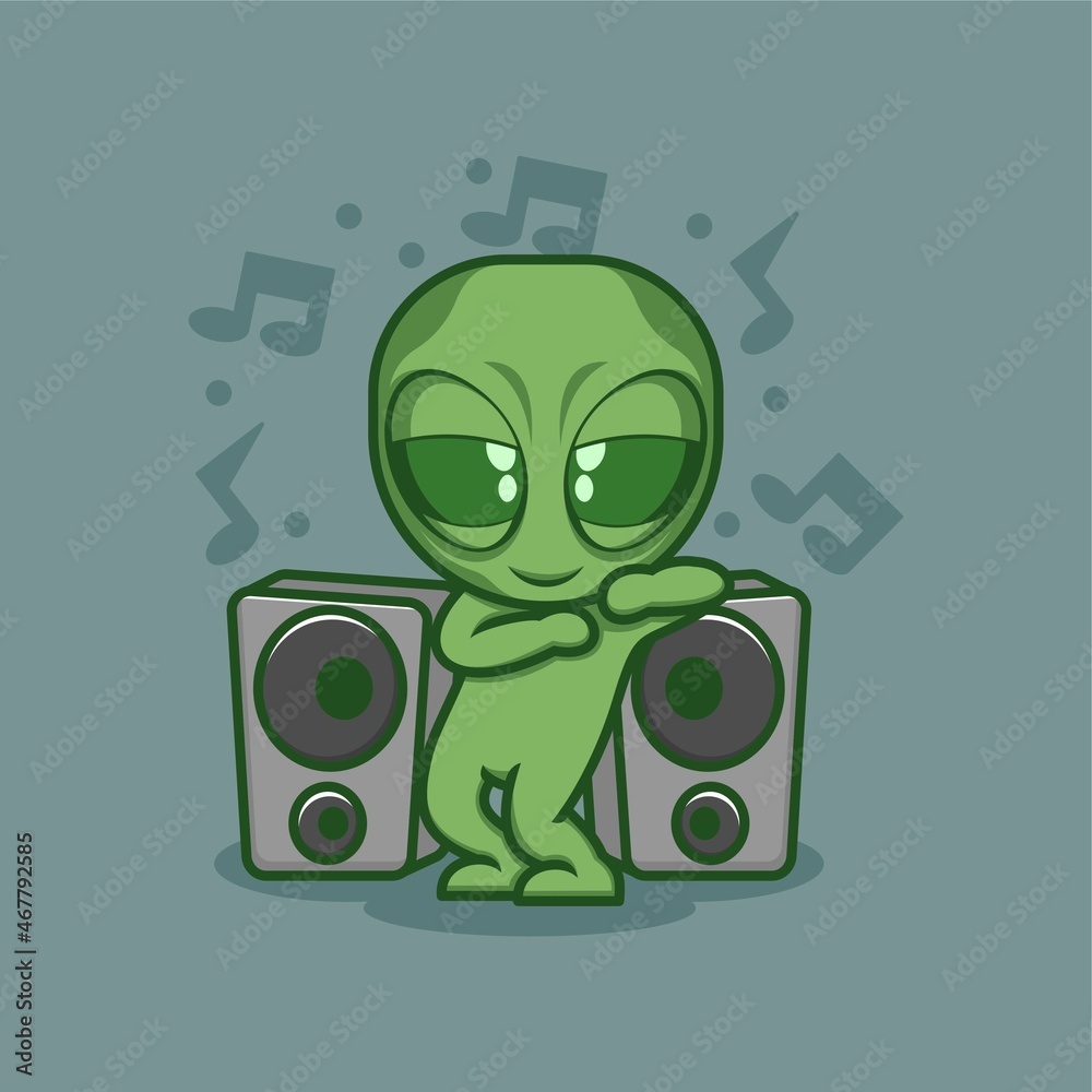 cute cartoon alien character dancing with big loudspeaker. vector ...