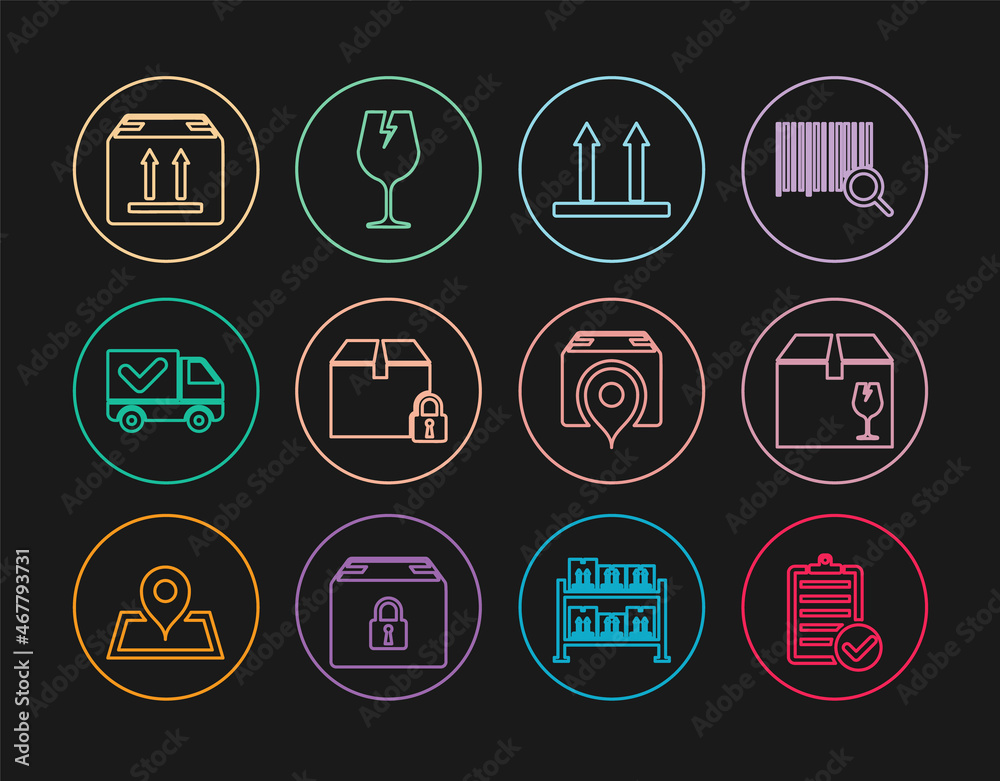 Set line Verification of delivery list, Delivery box with fragile content, This side up, Locked ...