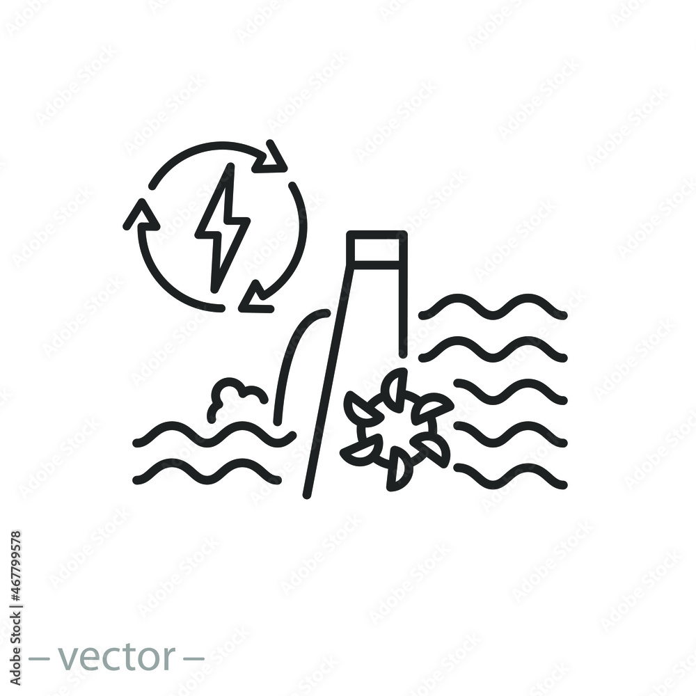 modern hydropower icon, hydroelectric power plant, dam outline, water ...