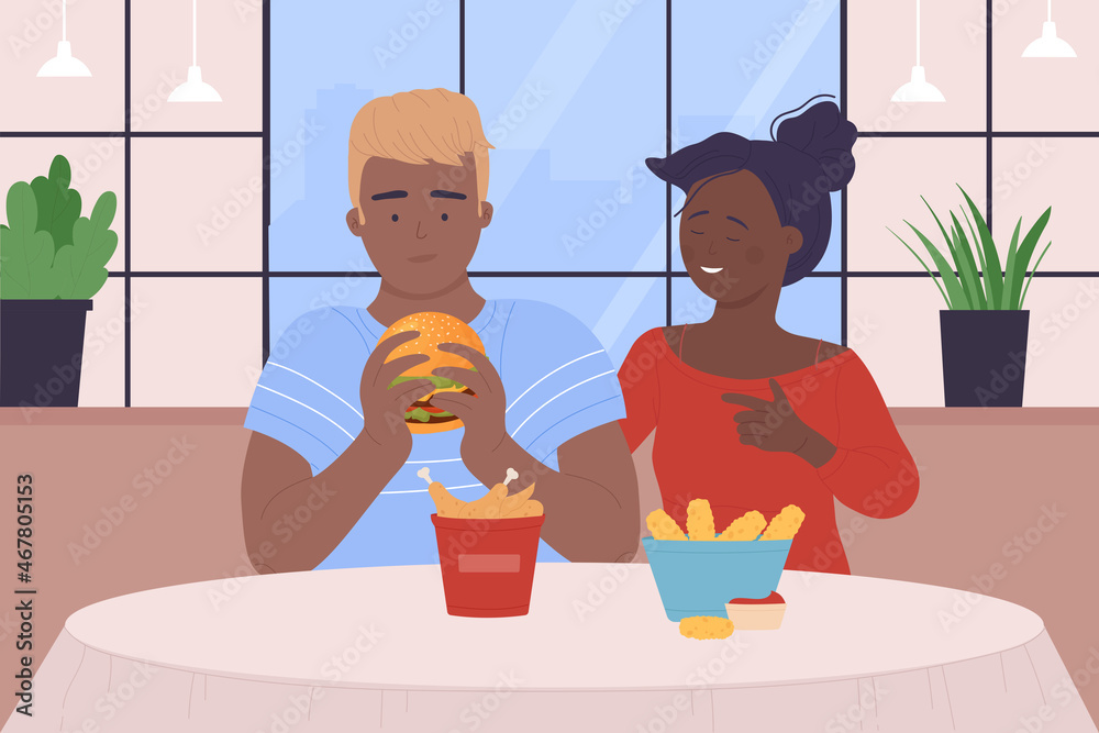 Couple people eat fast food in cafe vector illustration. Cartoon hungry ...