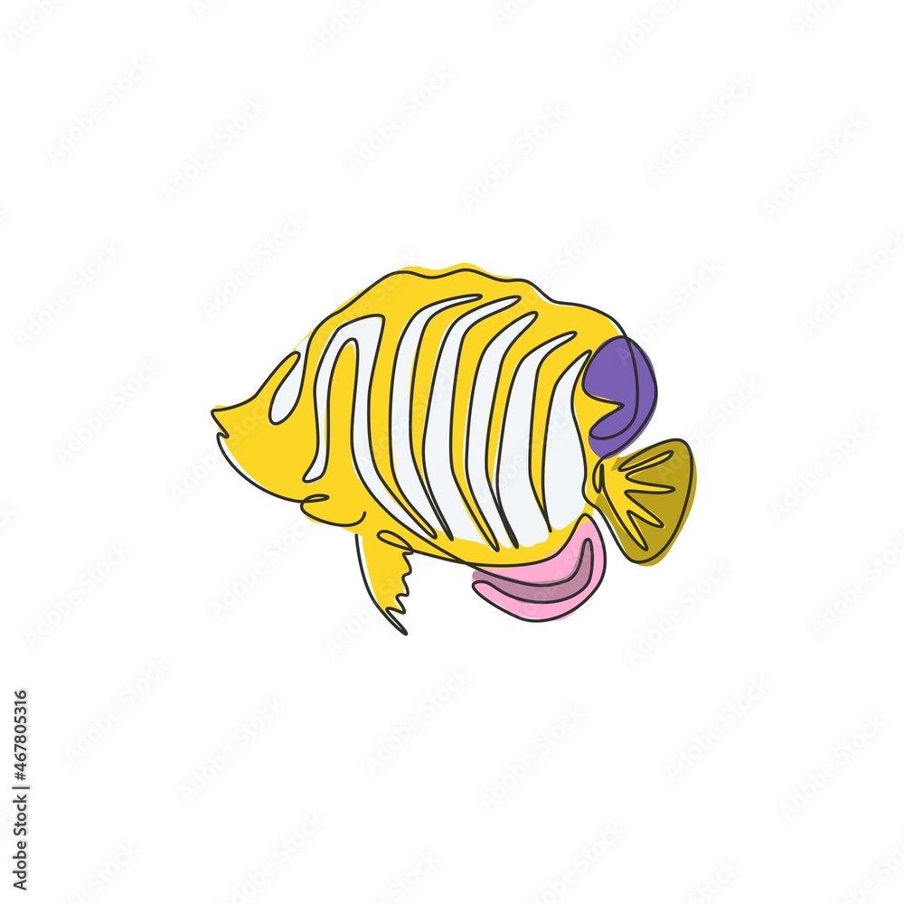 One continuous line drawing of cute regal angelfish for company logo ...