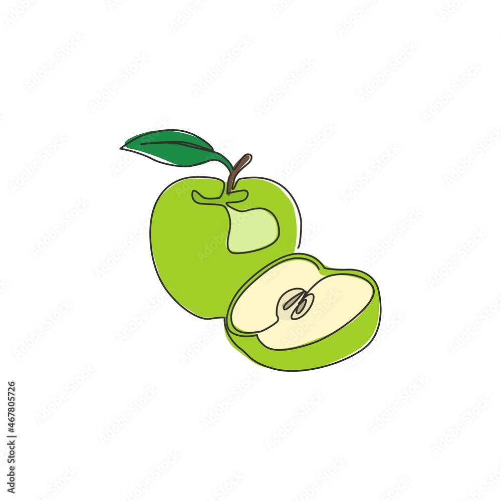 One continuous line drawing sliced and whole healthy apples organic for ...