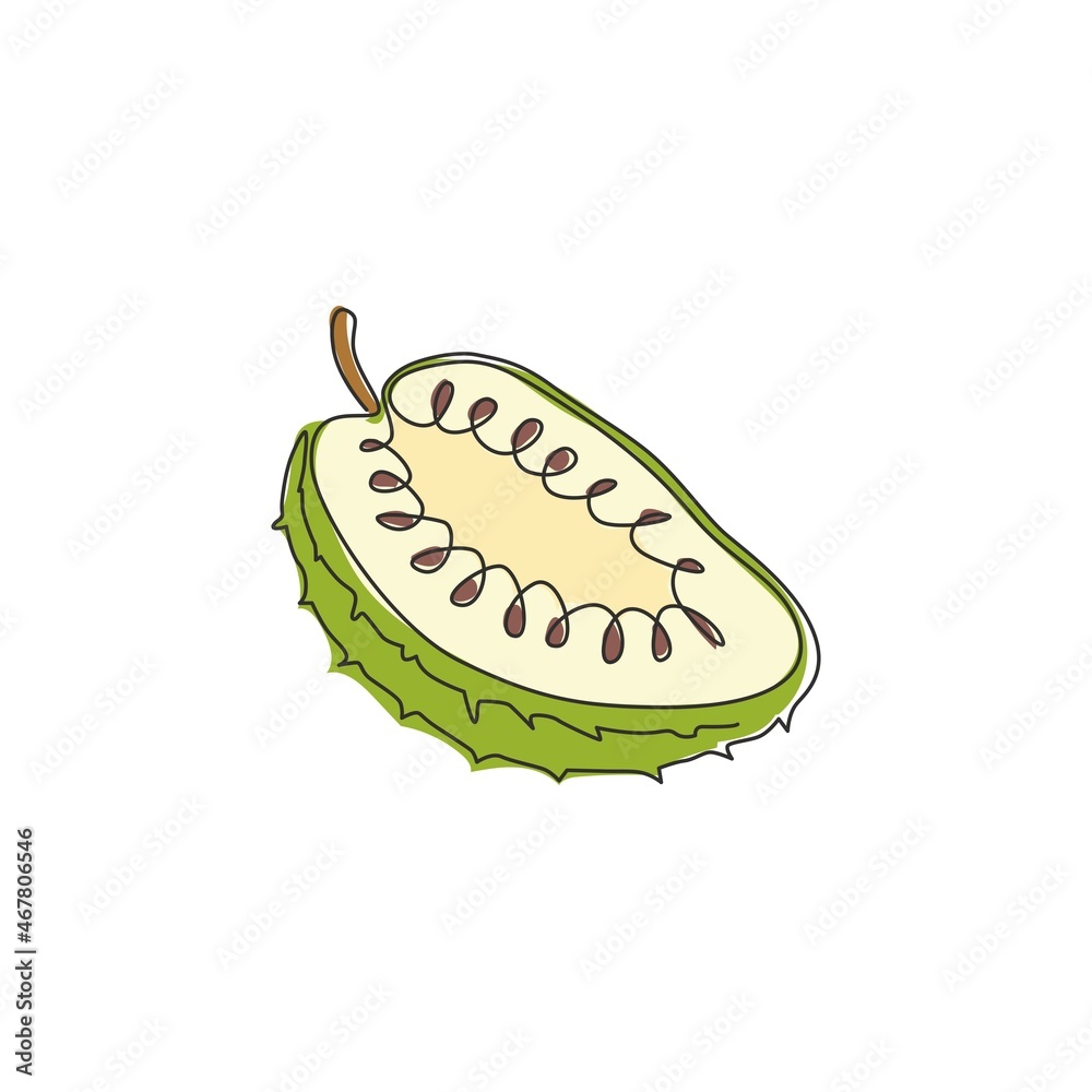 One single line drawing of half sliced healthy organic soursop for ...