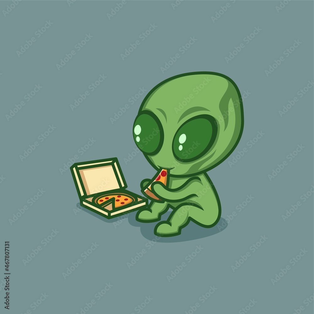 cute cartoon alien character eating pizza. vector illustration for ...