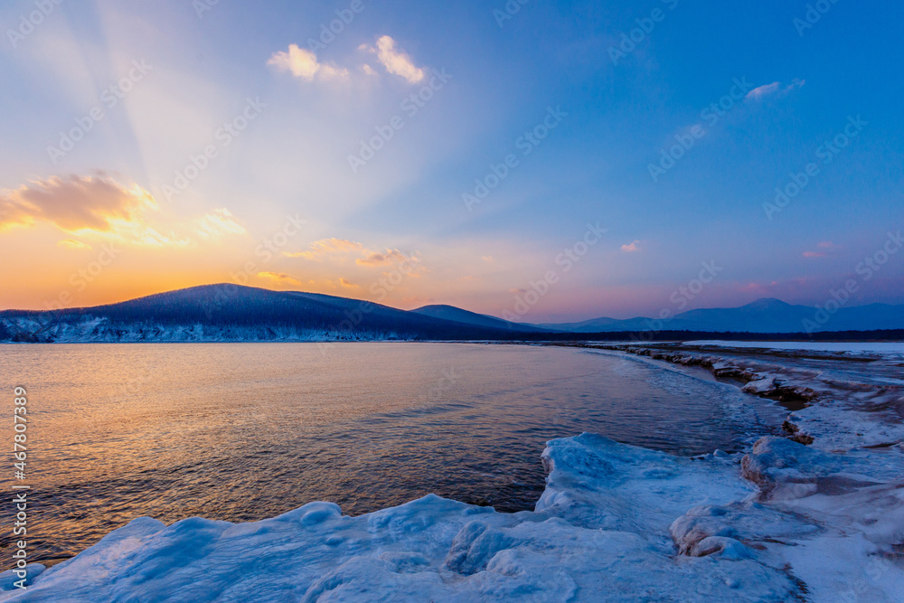 The frozen coast of the Sea of Japan. Sikhote-Alin Biosphere Reserve ...