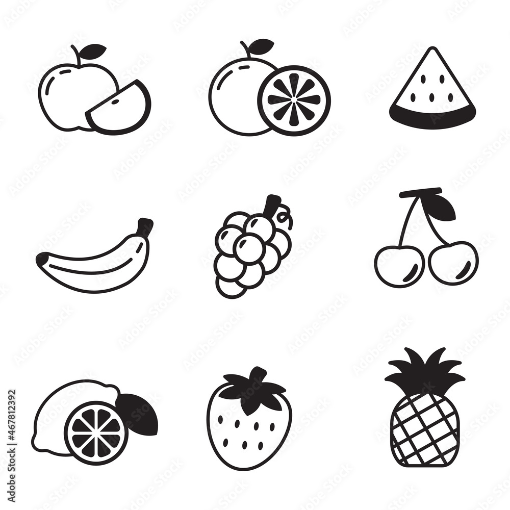 Set of fruit icon with black color isolated on white background. Simple ...