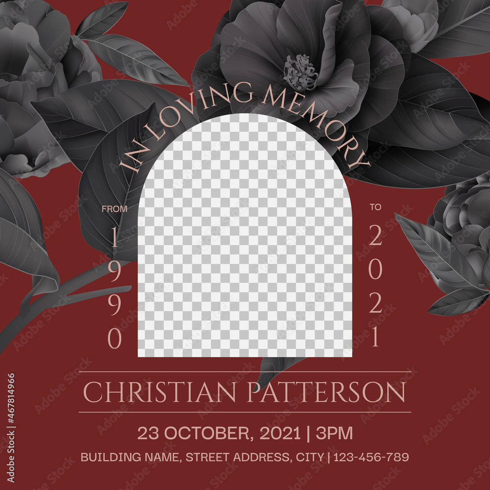 Floral memorial and funeral invitation card template design, red ...