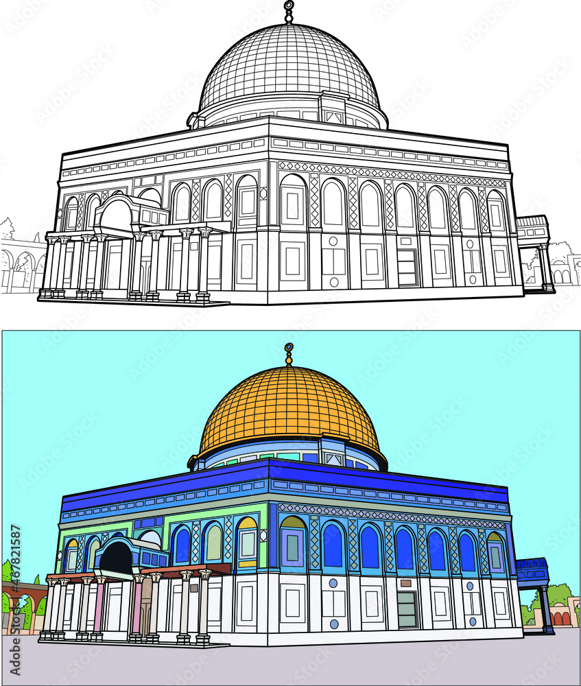 Palestin vector drawing, line art and coloured dome of rock Stock ...