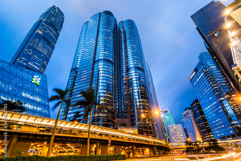 Central, Hong Kong - July 30, 2019: low angle view of modern office ...