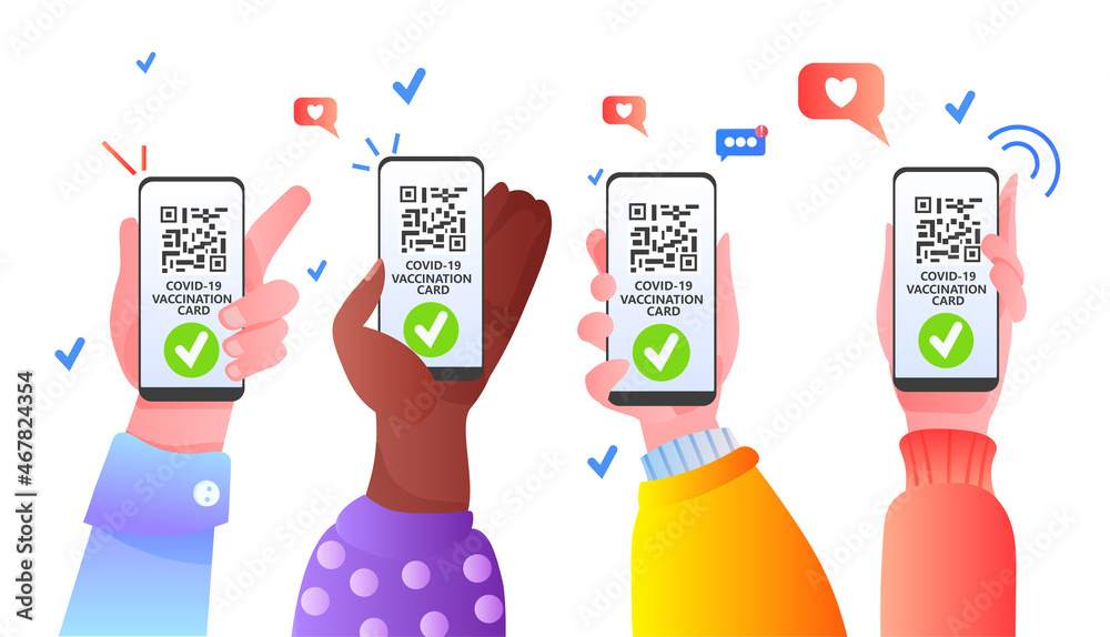 mix race hands holding smartphones with digital immunity passport qr ...