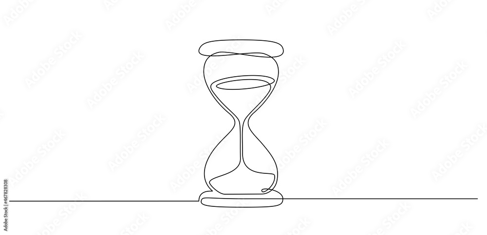 One continuous line drawing of hourglass with flow sand. Retro timer as ...