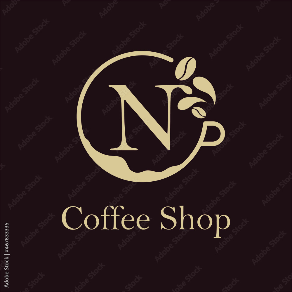 Initial N letter with Coffee Cup, Coffee Bean, Liquid for Coffee Shop ...